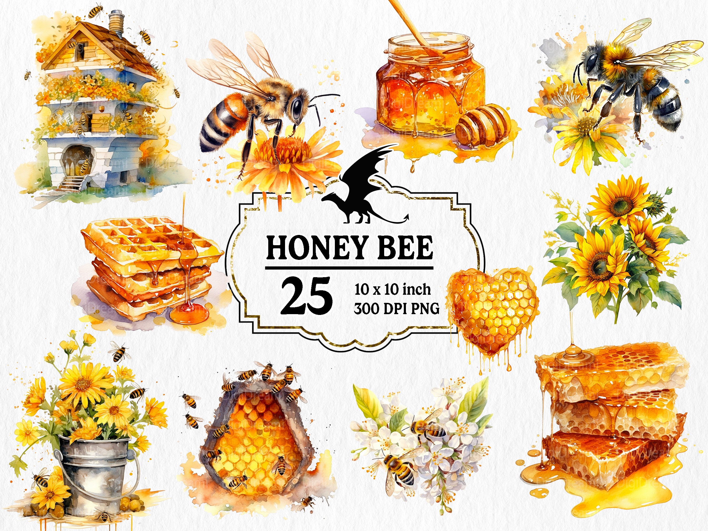 25 Watercolor Honey Bee Clipart PNG Whimsical Honey Bee Cute Honey Bee ...