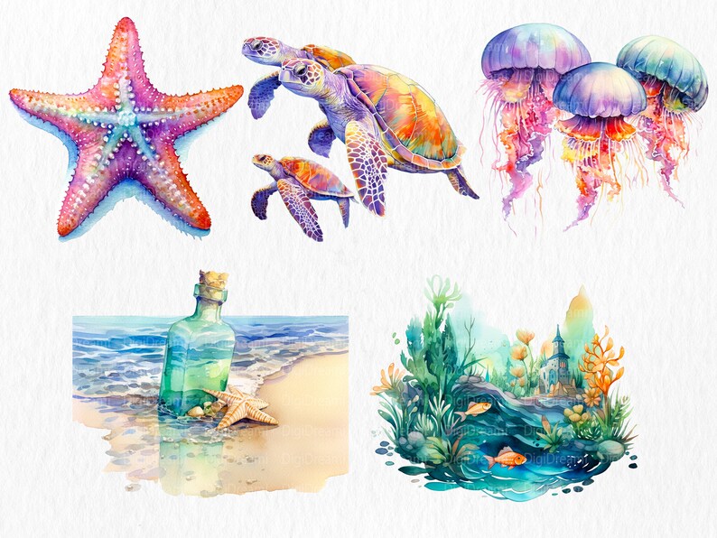 25 Watercolor Under the Sea Clipart PNG Fantasy Marine Life, for ...