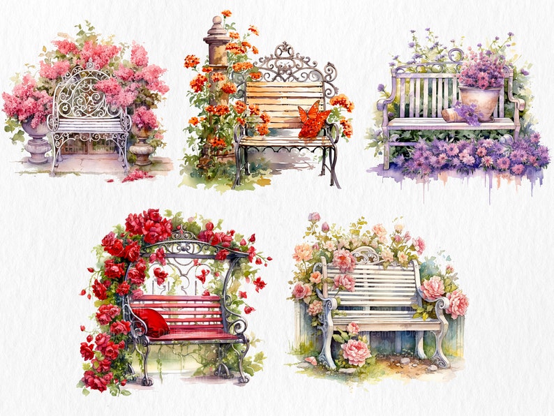 20 Watercolor Floral Garden Bench Clipart PNG Enchanted Magical ...