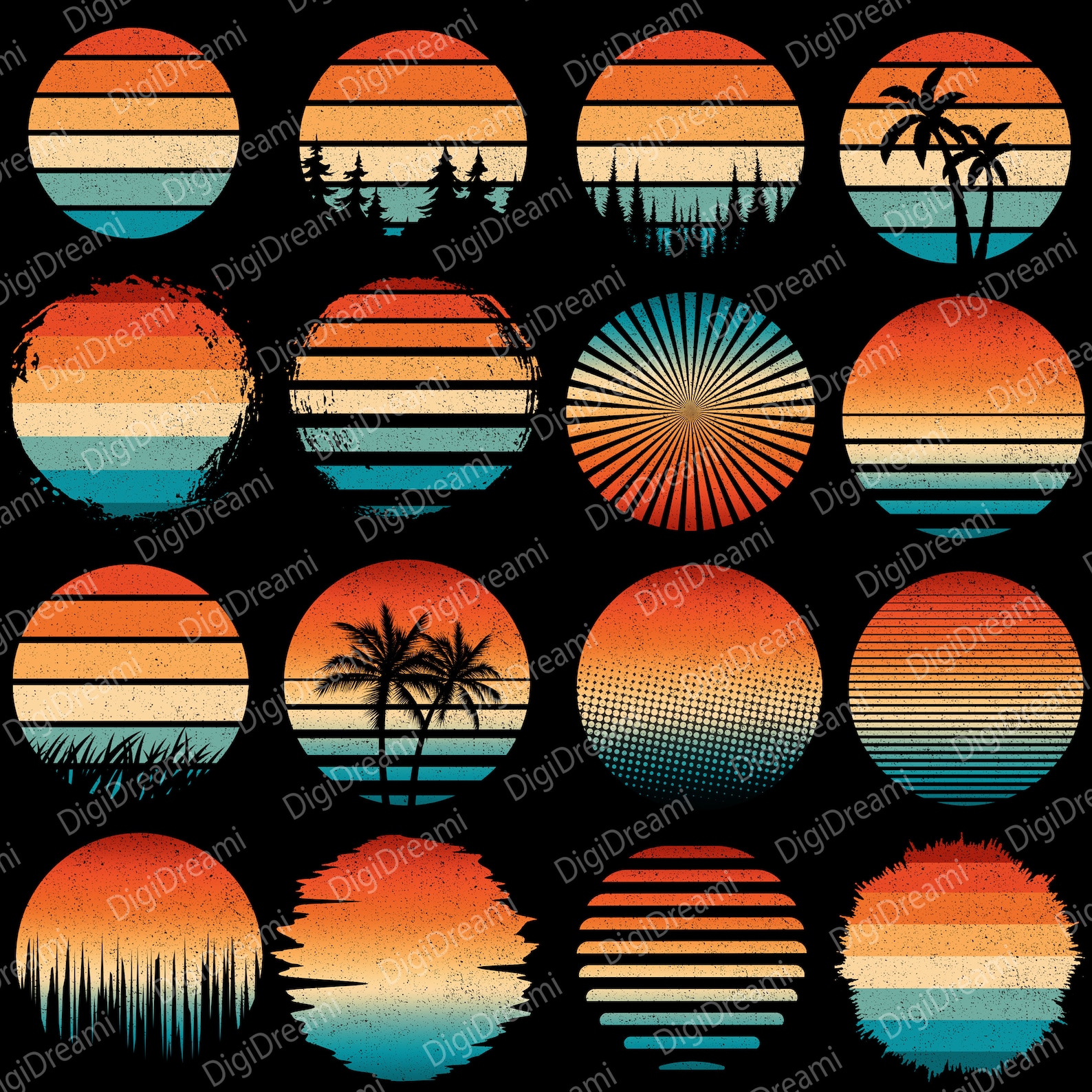 50 Distressed Retro Vintage Sunset Clipart PNG JPG Different Shapes ...