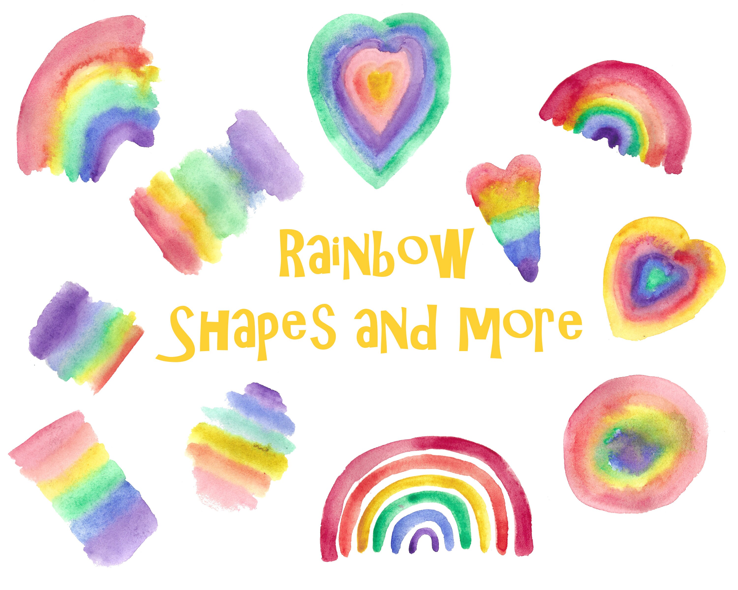 Handpainted Rainbow Watercolor Shapes, Splotches, Banners, Hearts ...