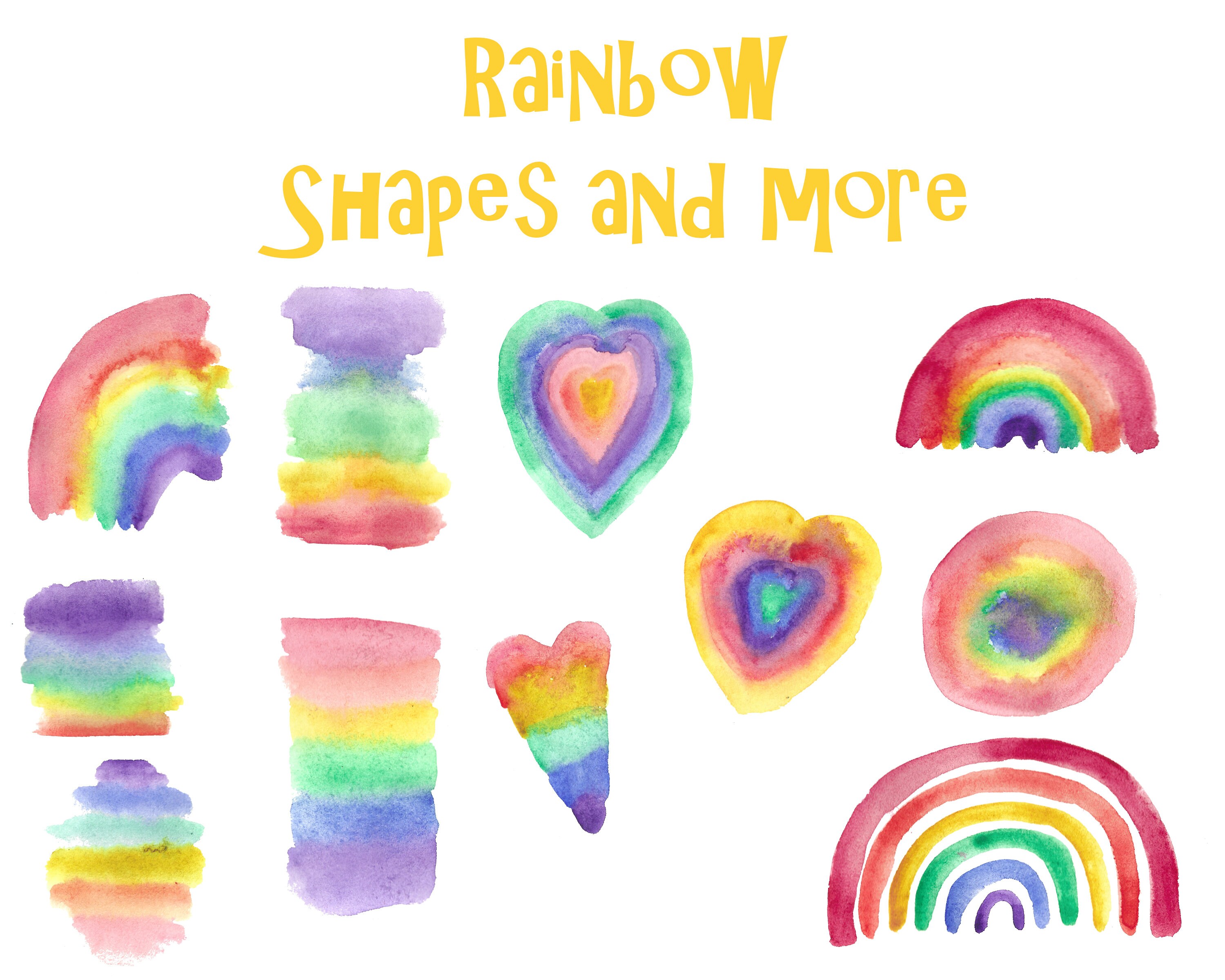 Handpainted Rainbow Watercolor Shapes, Splotches, Banners, Hearts ...