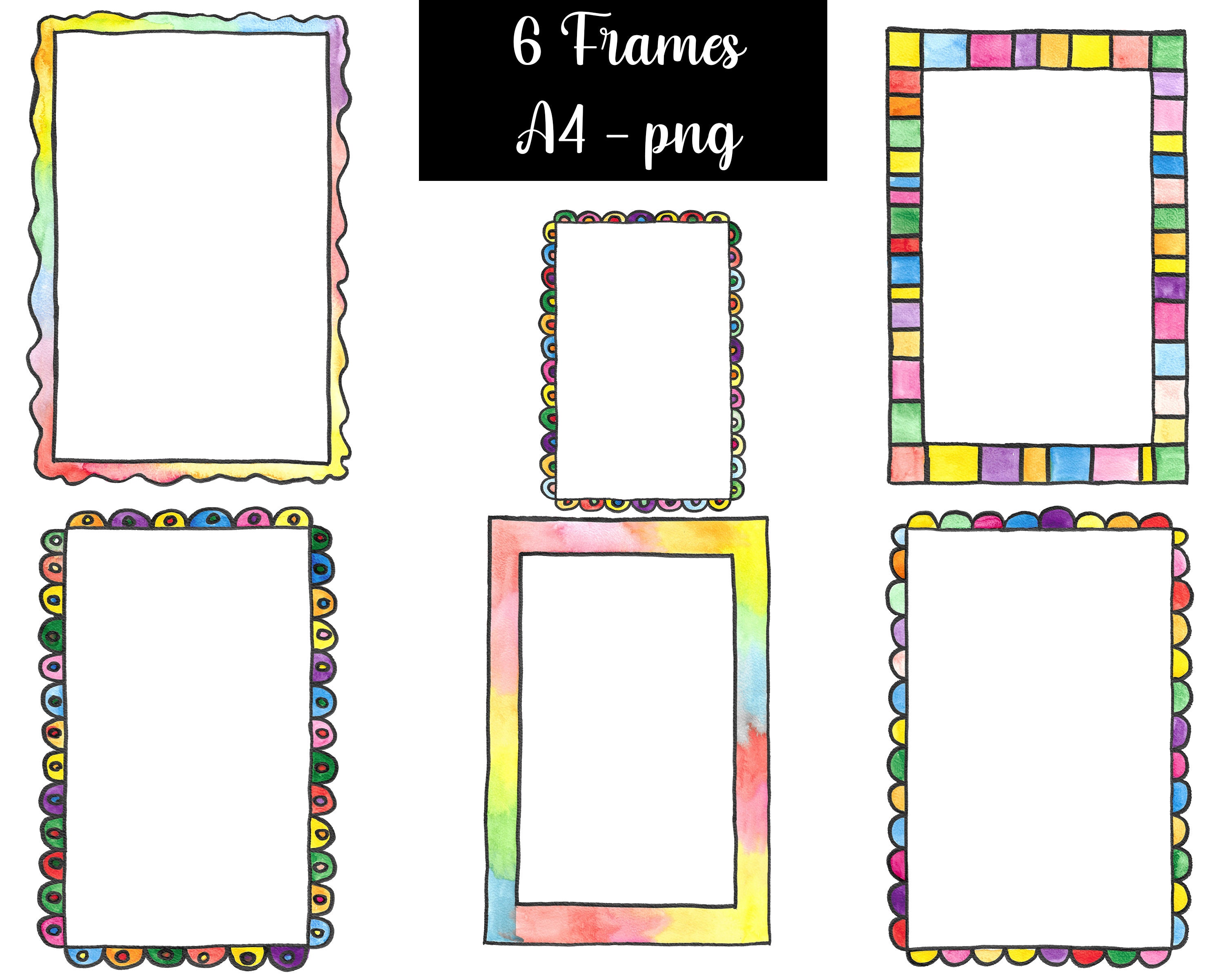 Handpainted Rainbow and Ink Watercolor Borders, Handpainted Aquarell ...