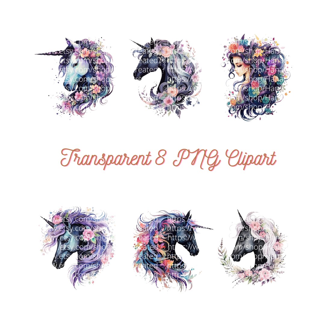 Set of 8 Black Unicorn,unicorn Png, Animal Clipart, Watercolor Clip Art ...