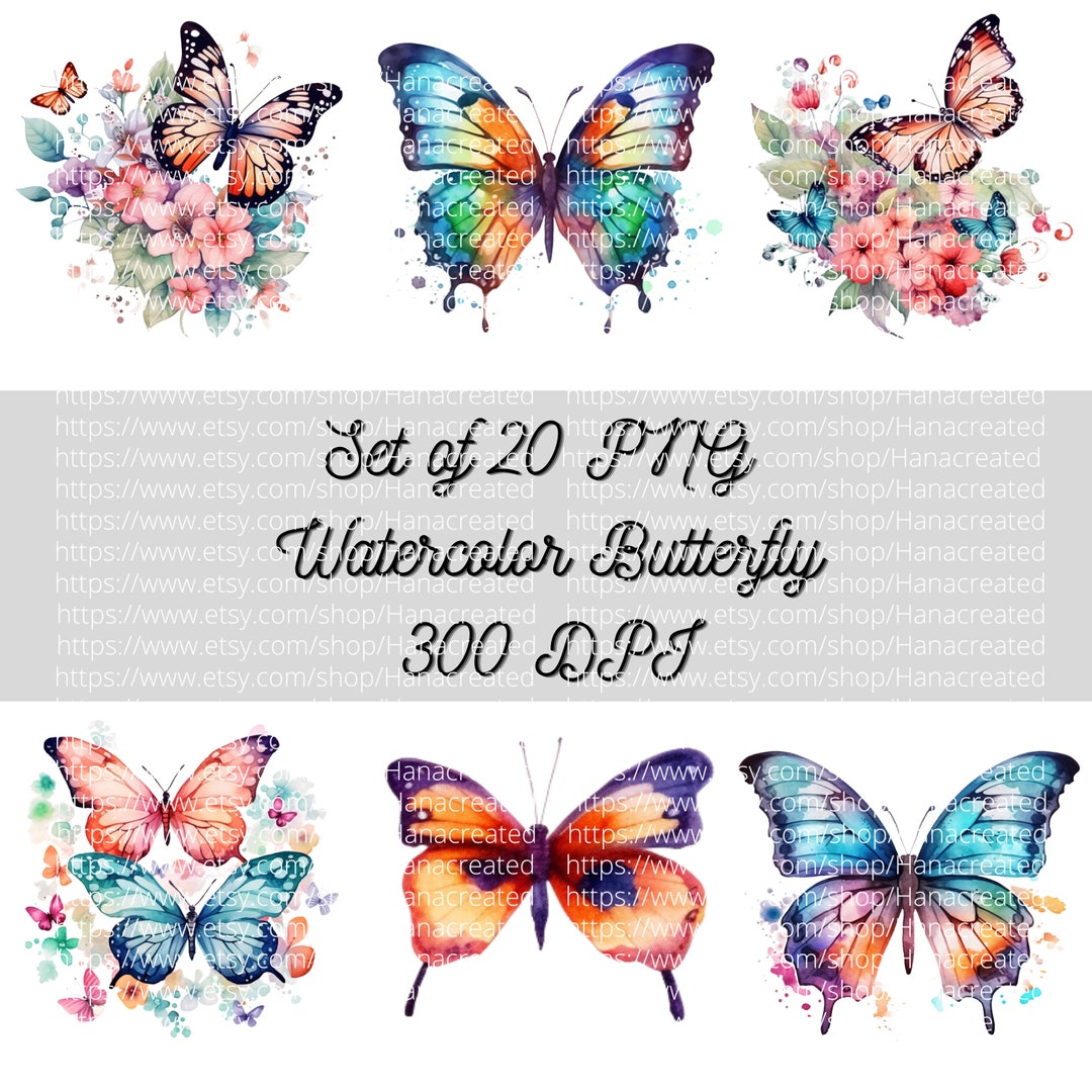 Set of 20 Watercolor Butterflies Clipart PNG Bundle for Digital ...