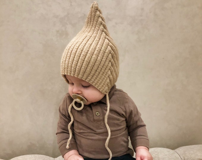 Beige Unisex Knitted Baby Pixie Hat, Pixie Bonnet, Classic Bonnet ...