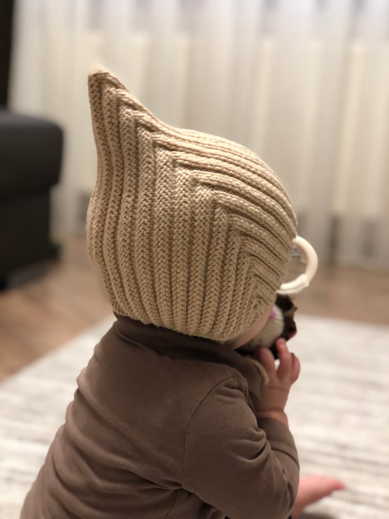 Beige Unisex Knitted Baby Pixie Hat, Pixie Bonnet, Classic Bonnet ...