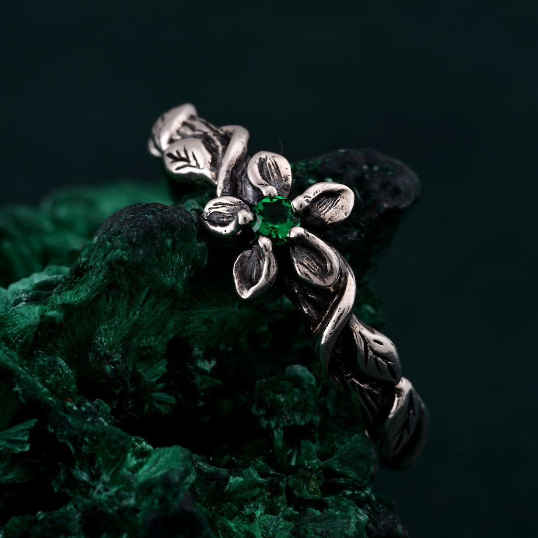 Handcrafted Silver Emerald Ring, Nature-inspired Elvish Design, Unique ...
