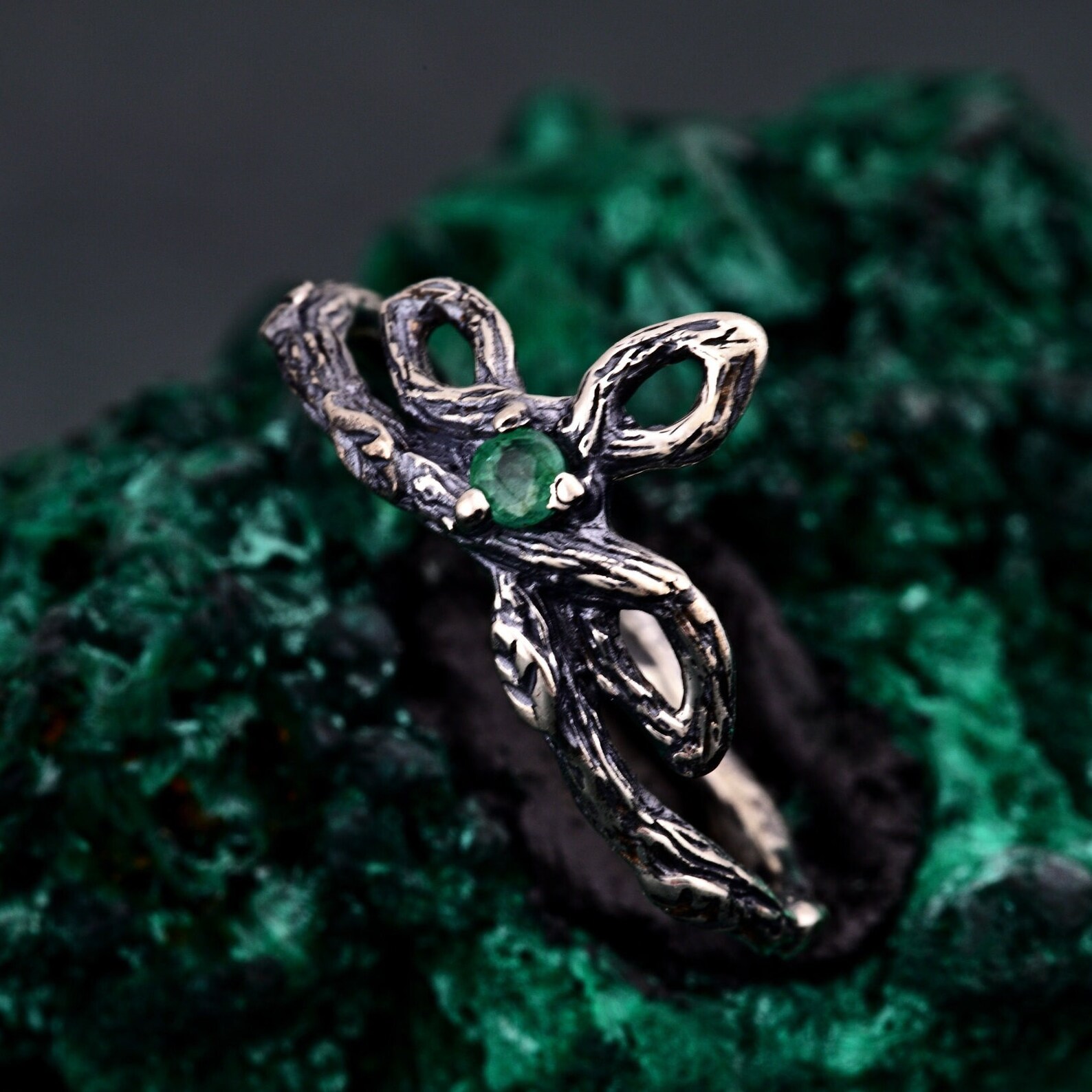 Fairy Theme Tiny Branch Ring, Enchanted Dryad Wedding Band With Emerald ...