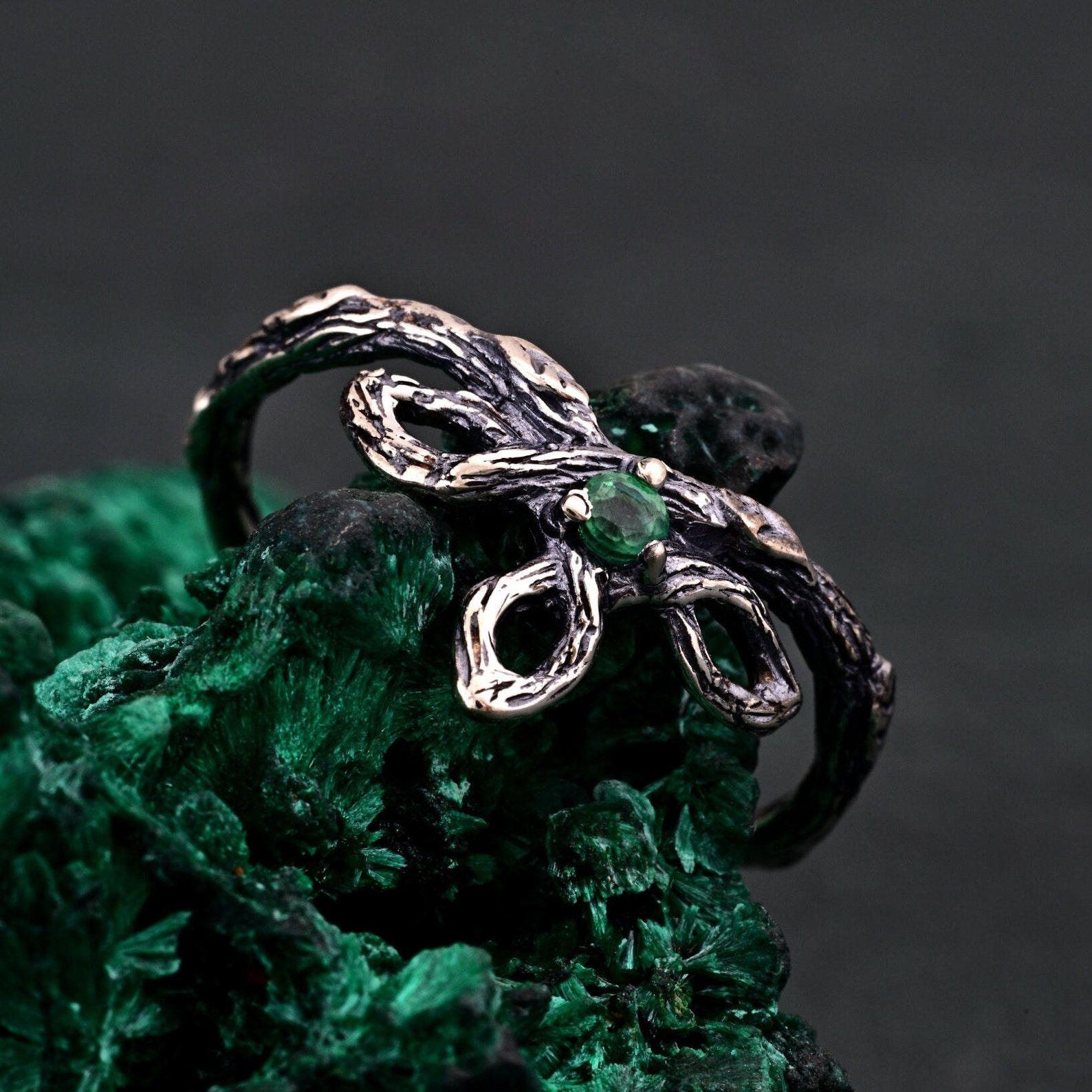 Fairy Theme Tiny Branch Ring, Enchanted Dryad Wedding Band With Emerald ...