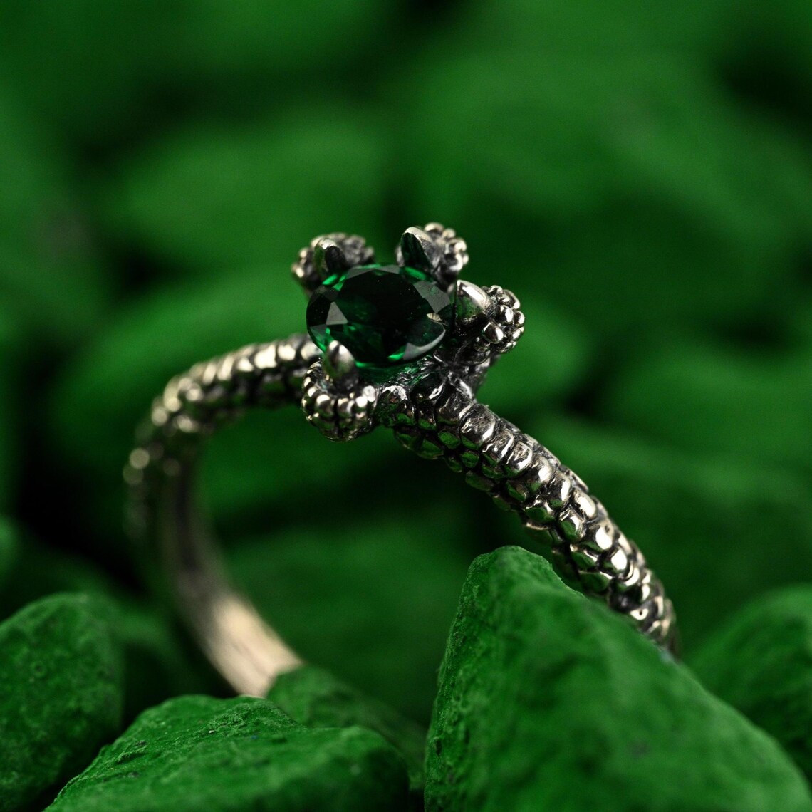 Magical Promise Ring, Nature-inspired Silver Ring With Emerald, Forest ...