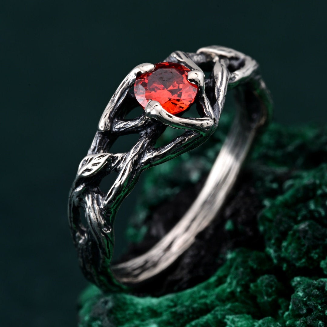 Garnet Nature-inspired Branch Ring, Silver Nature Ring, Unique Gift for ...