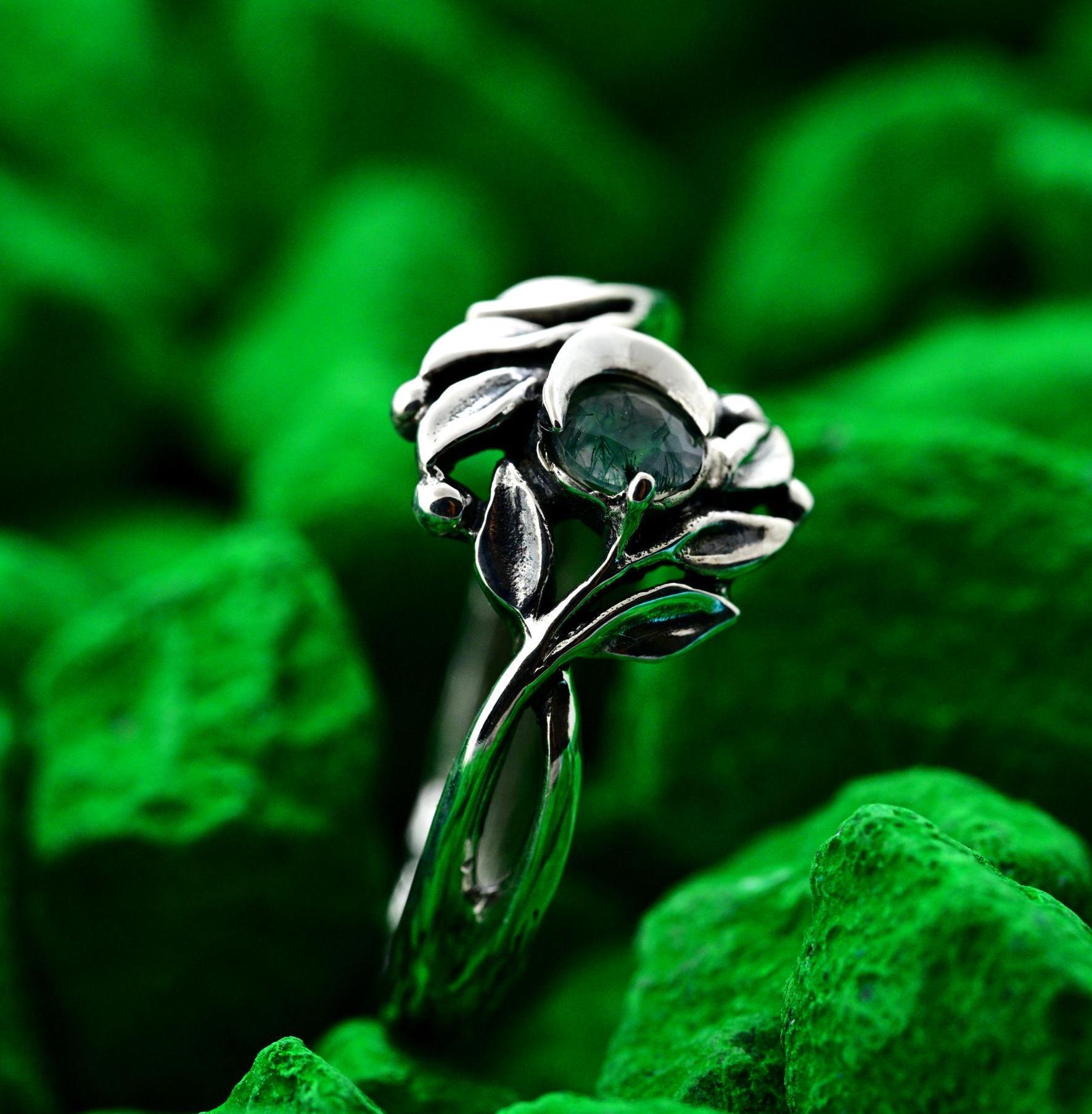 Moss Agate Moon Ring - Silver Leaf Engagement Ring - Nature Inspired ...