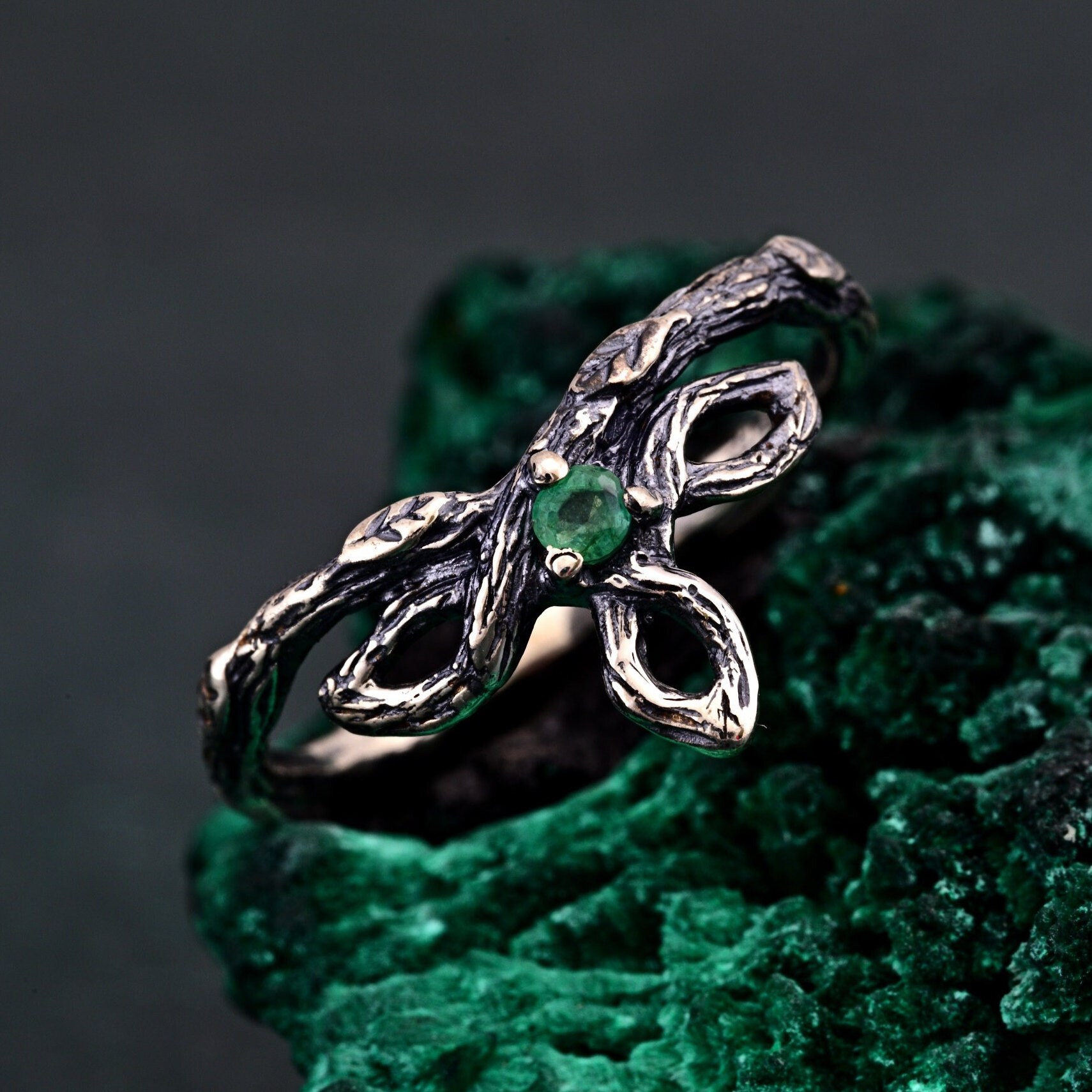 Fairy Theme Tiny Branch Ring, Enchanted Dryad Wedding Band With Emerald ...