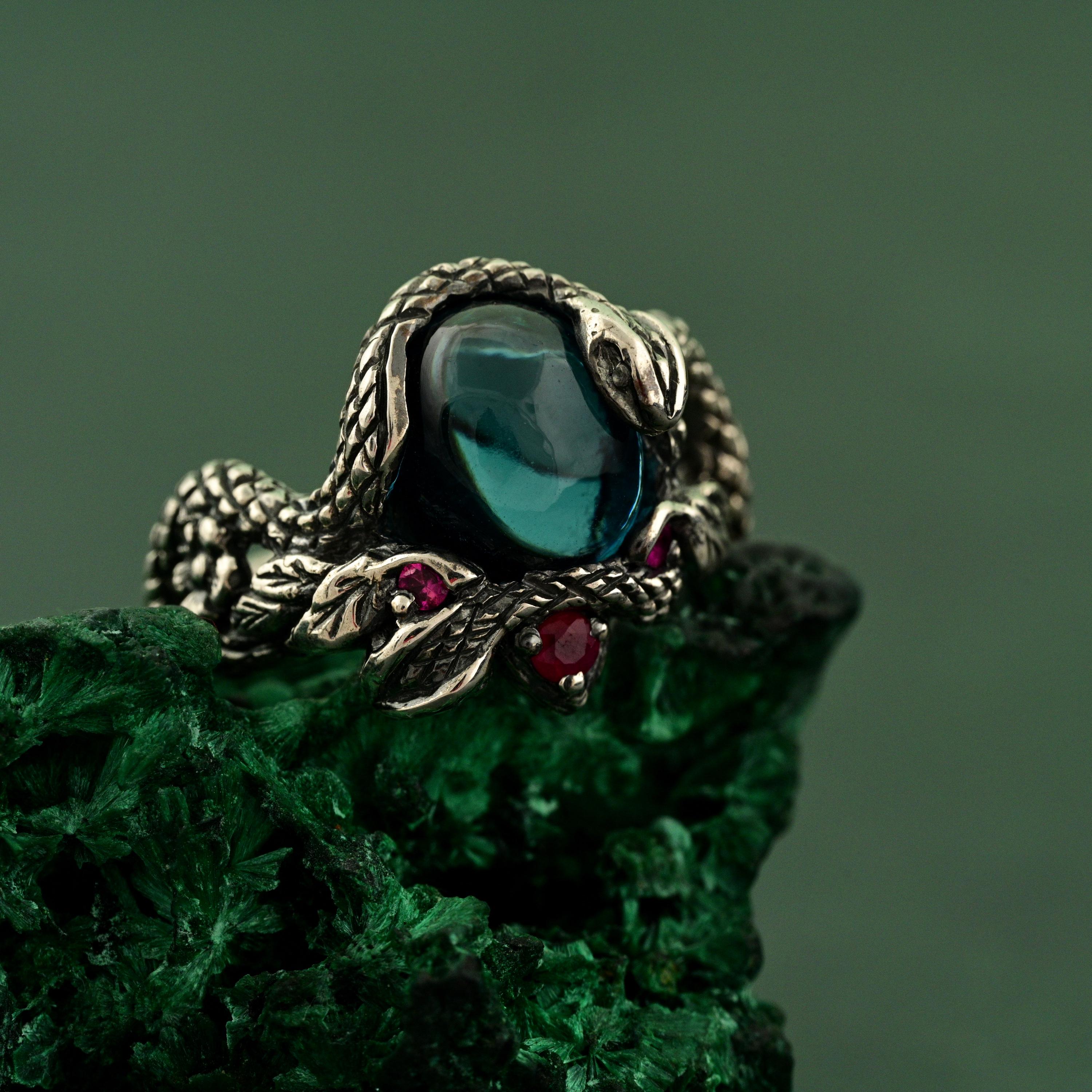 London Blue Topaz & Ruby Silver Ring – Forest Gothic Snake Ring ...