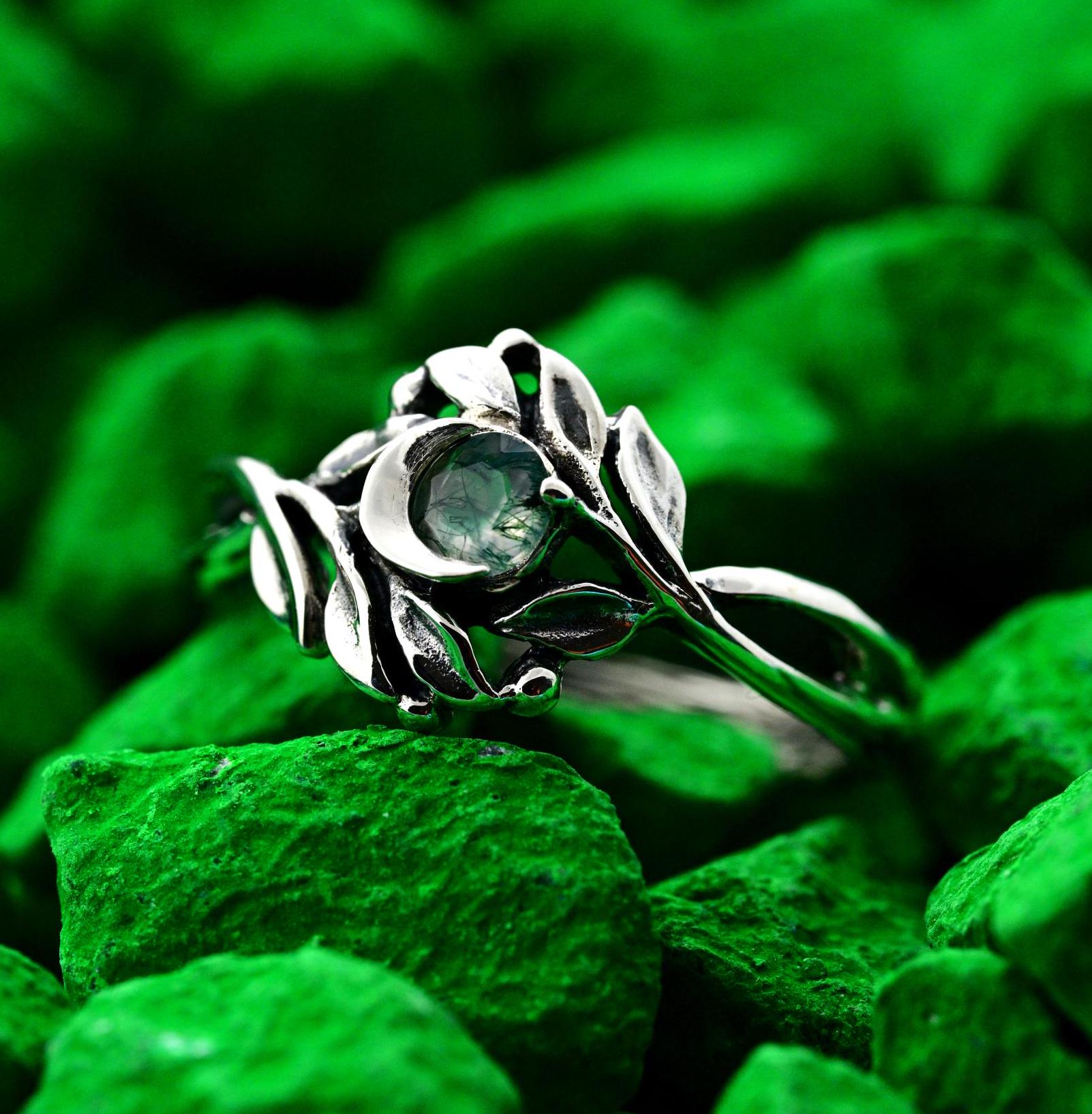 Moss Agate Moon Ring - Silver Leaf Engagement Ring - Nature Inspired ...
