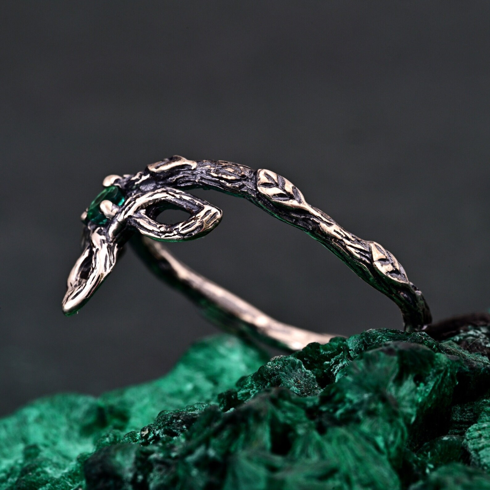 Fairy Theme Tiny Branch Ring, Enchanted Dryad Wedding Band With Emerald ...