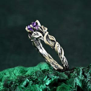 Branch and Leaves Engagement Ring With Amethyst, Unique Branch Ring ...