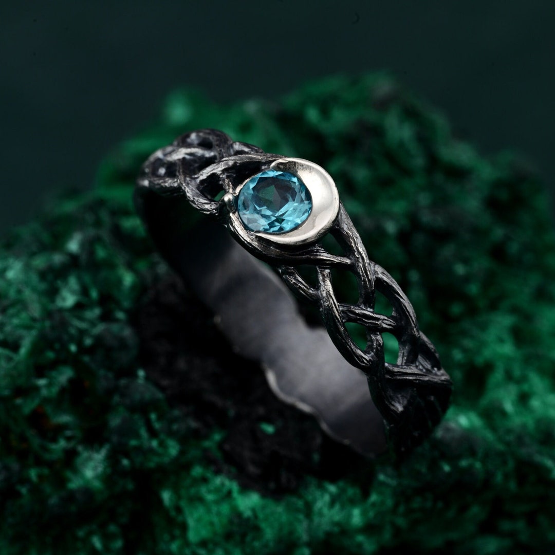 Silver Moon Topaz Ring, Celestial Blue Gemstone Band, Mystical Moon ...