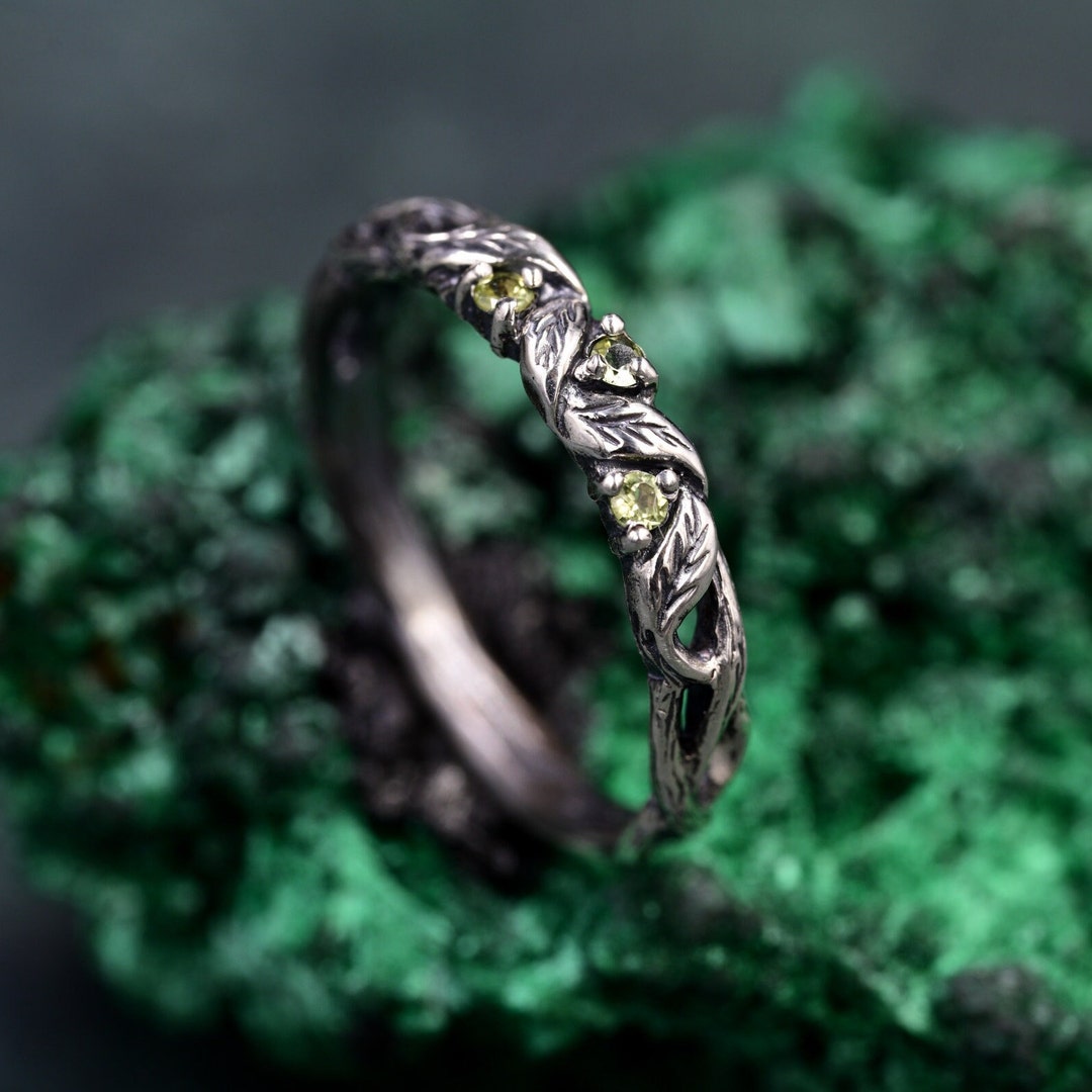 Nature-inspired Silver Branch Ring, Stunning Three-stone Peridot Ring ...