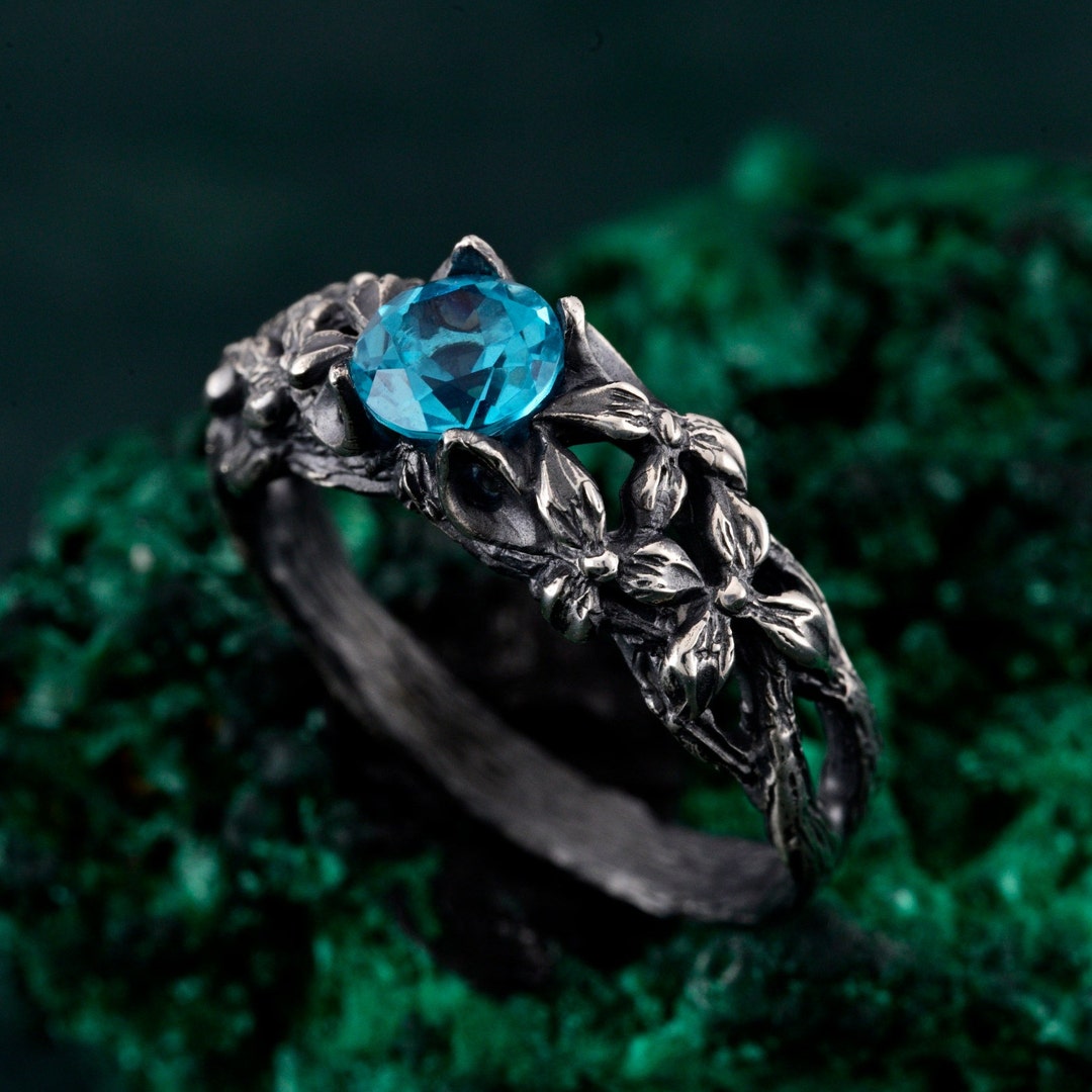 Ethereal Topaz Engagement Ring, Vintage Floral Silver Band, Mystical ...