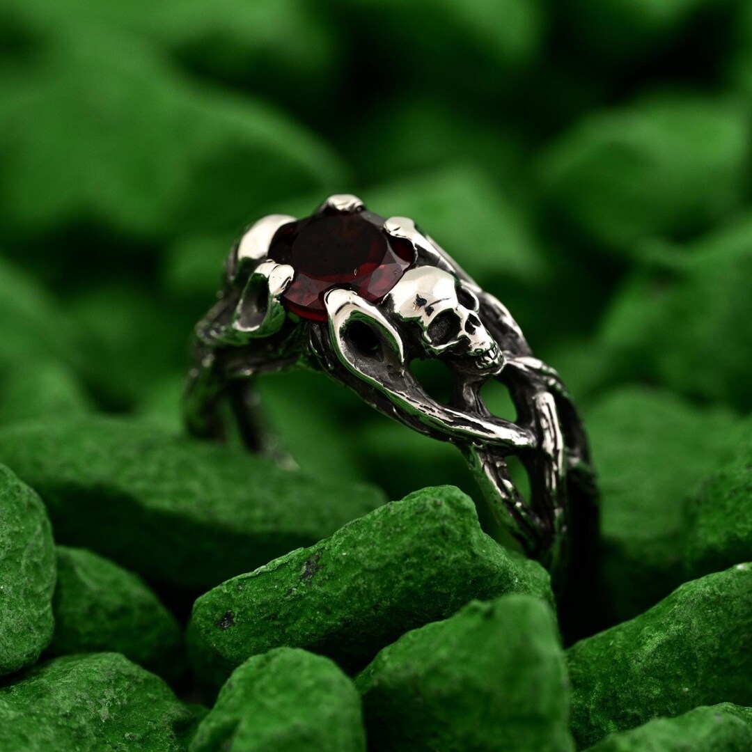 Skeleton Ring Garnet, Gothic Sterling Silver Skull Jewelry ...
