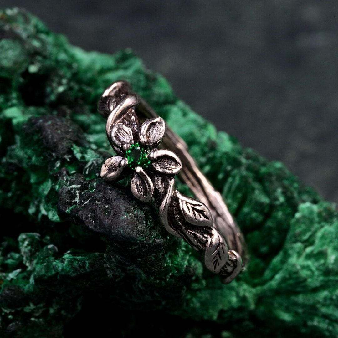 Handcrafted Silver Emerald Ring, Nature-inspired Elvish Design, Unique ...