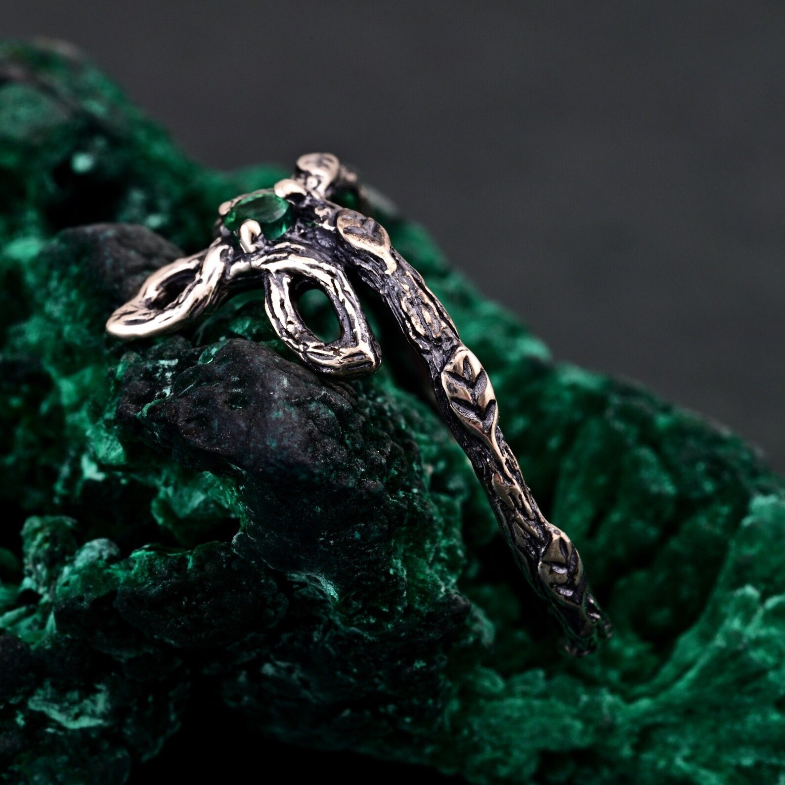 Fairy Theme Tiny Branch Ring, Enchanted Dryad Wedding Band With Emerald ...