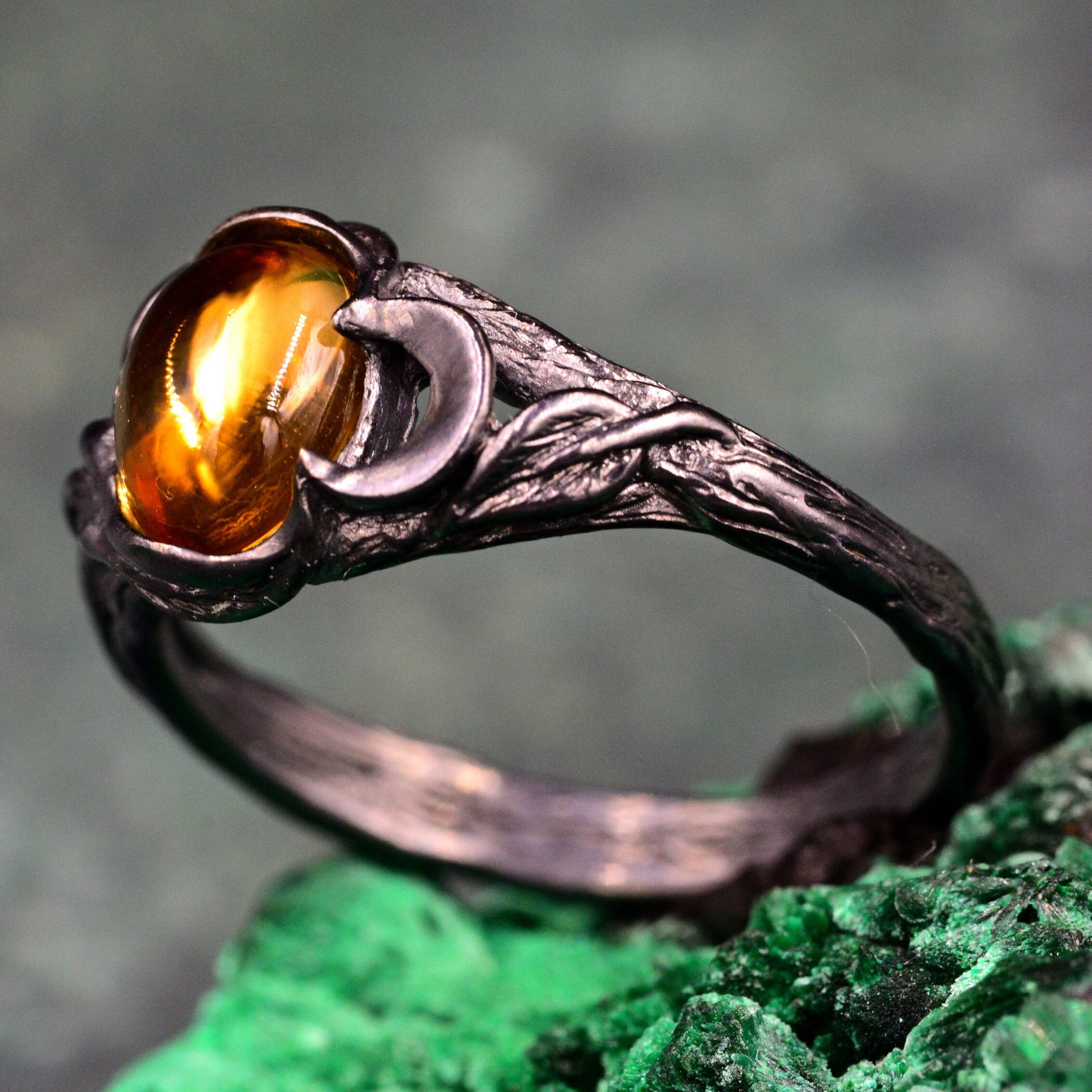 Moonlit Magic: Mystical Black Witch's Wedding Ring With Citrine Stone ...