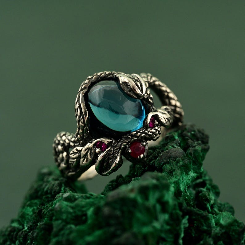 London Blue Topaz & Ruby Silver Ring – Forest Gothic Snake Ring ...
