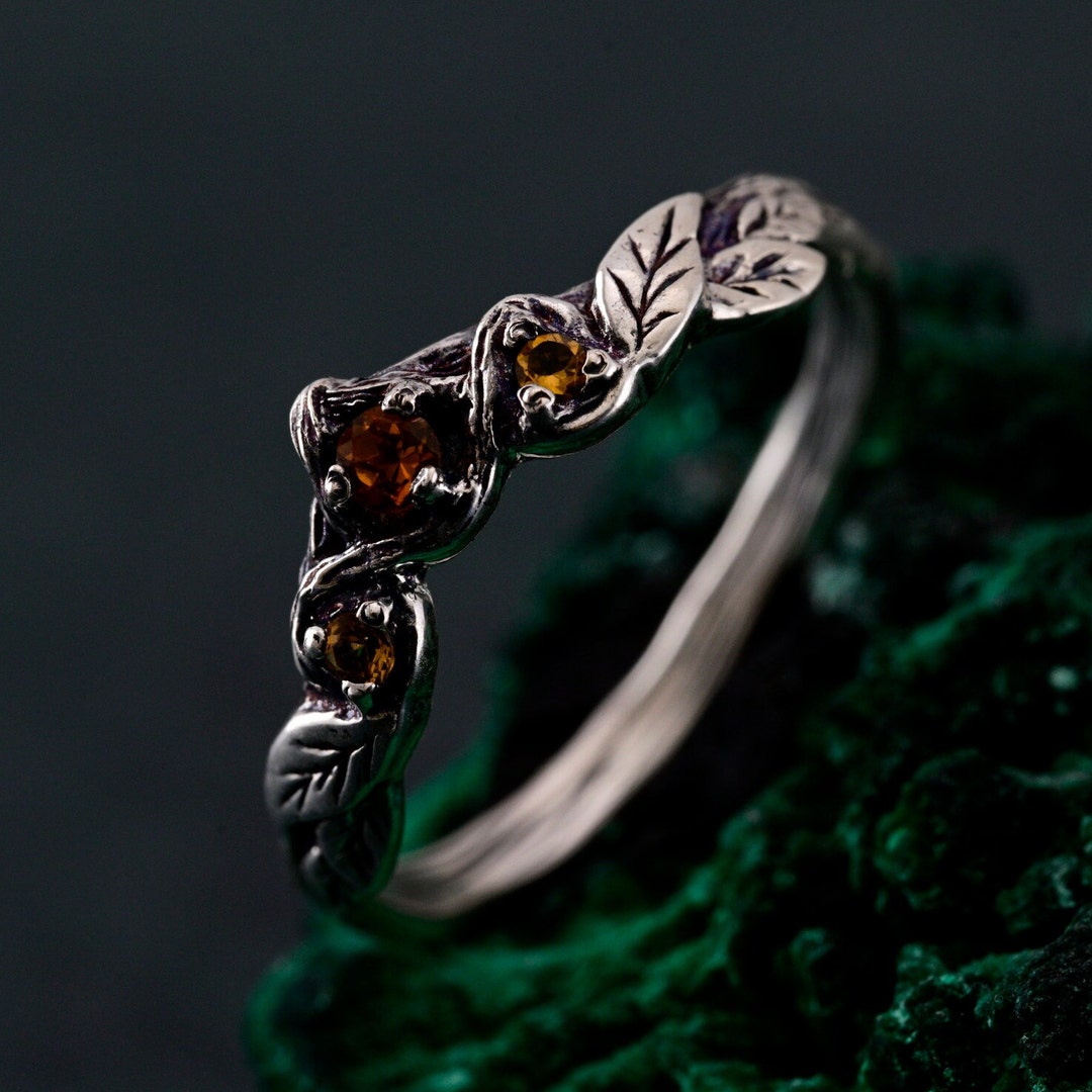 Tiny Branch Engagement Ring With Garnet Leaves in Silver, Wedding Ring ...