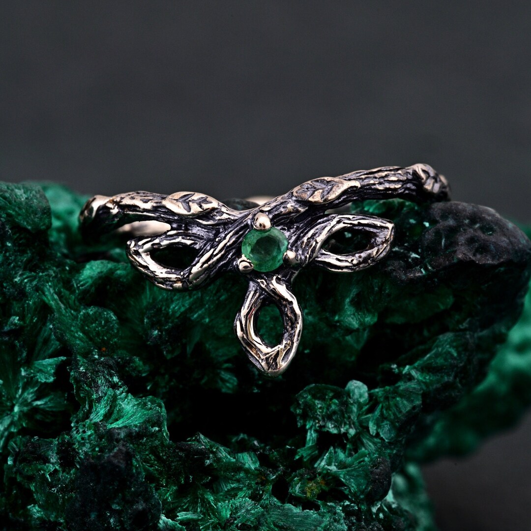 Fairy Theme Tiny Branch Ring, Enchanted Dryad Wedding Band, Emerald ...