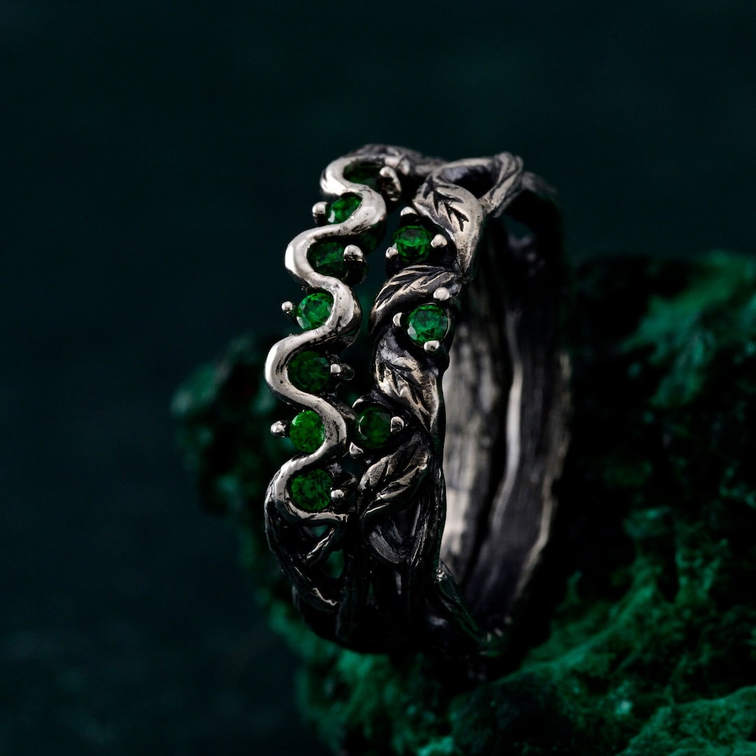 Enchanted Emerald Wedding Rings Set - Silver Nature-inspired Bands ...