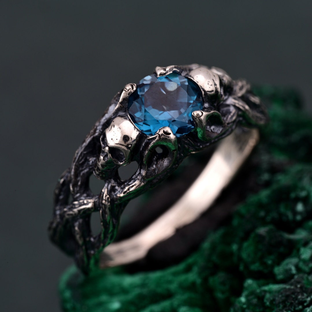 Gothic London Blue Topaz Engagement Ring, Men's Skull Band, Enchanted ...