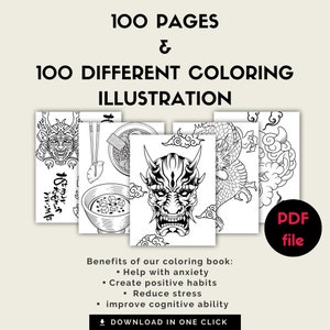 100 Pages Japanese Anxiety Relief Adult Coloring Book, Printable ...