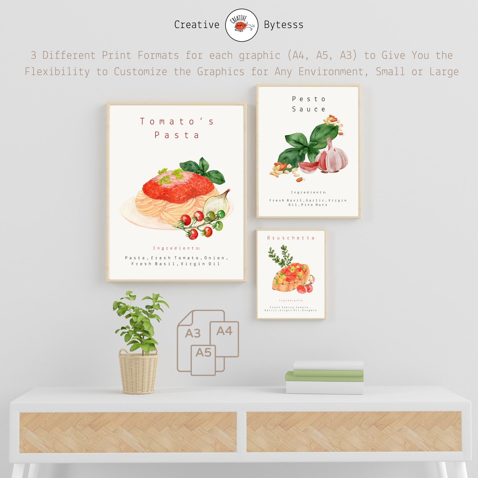 Set 3 Watercolor Italian Food Recipe, Illustrated Recipe, Printable ...