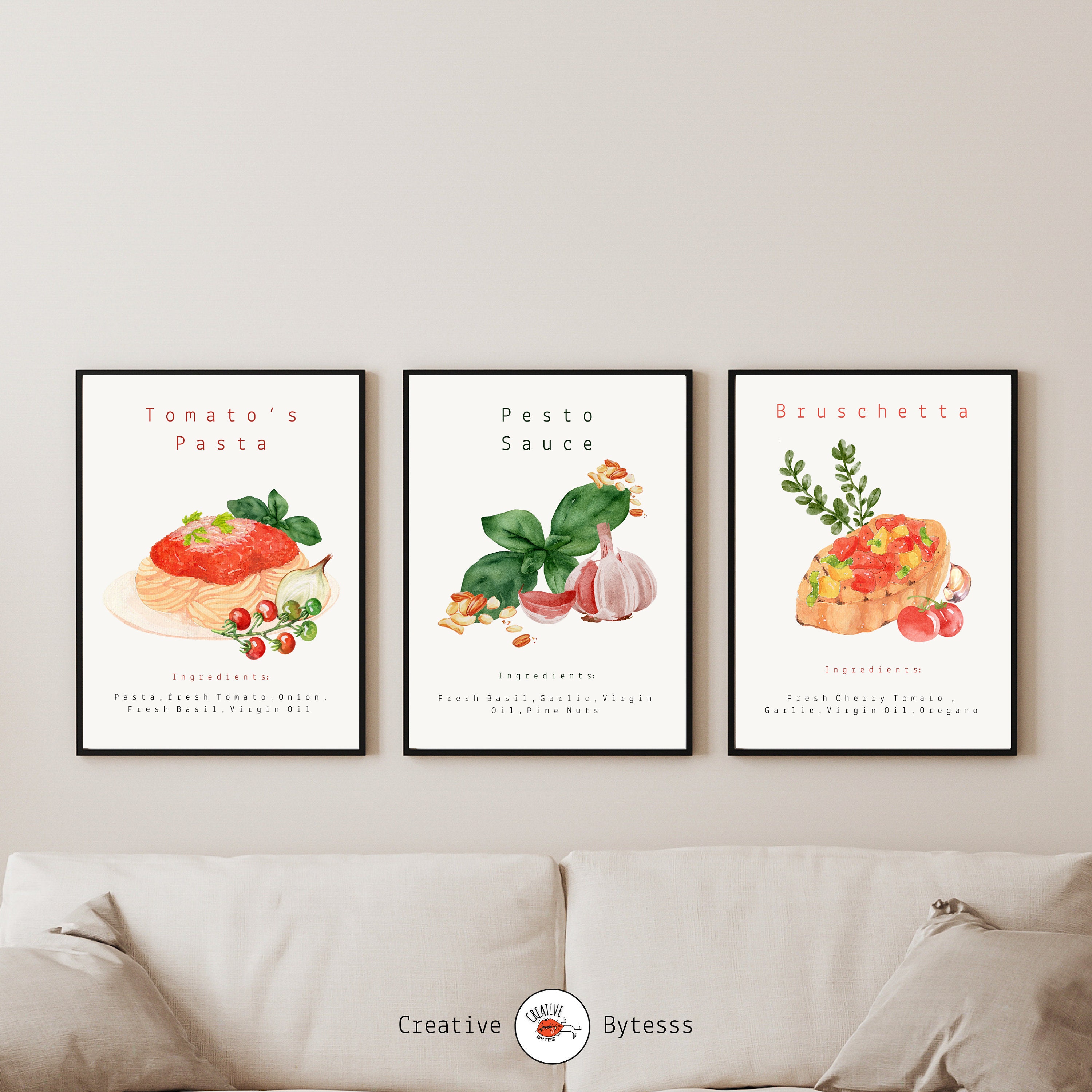 Set 3 Watercolor Italian Food Recipe, Illustrated Recipe, Printable ...