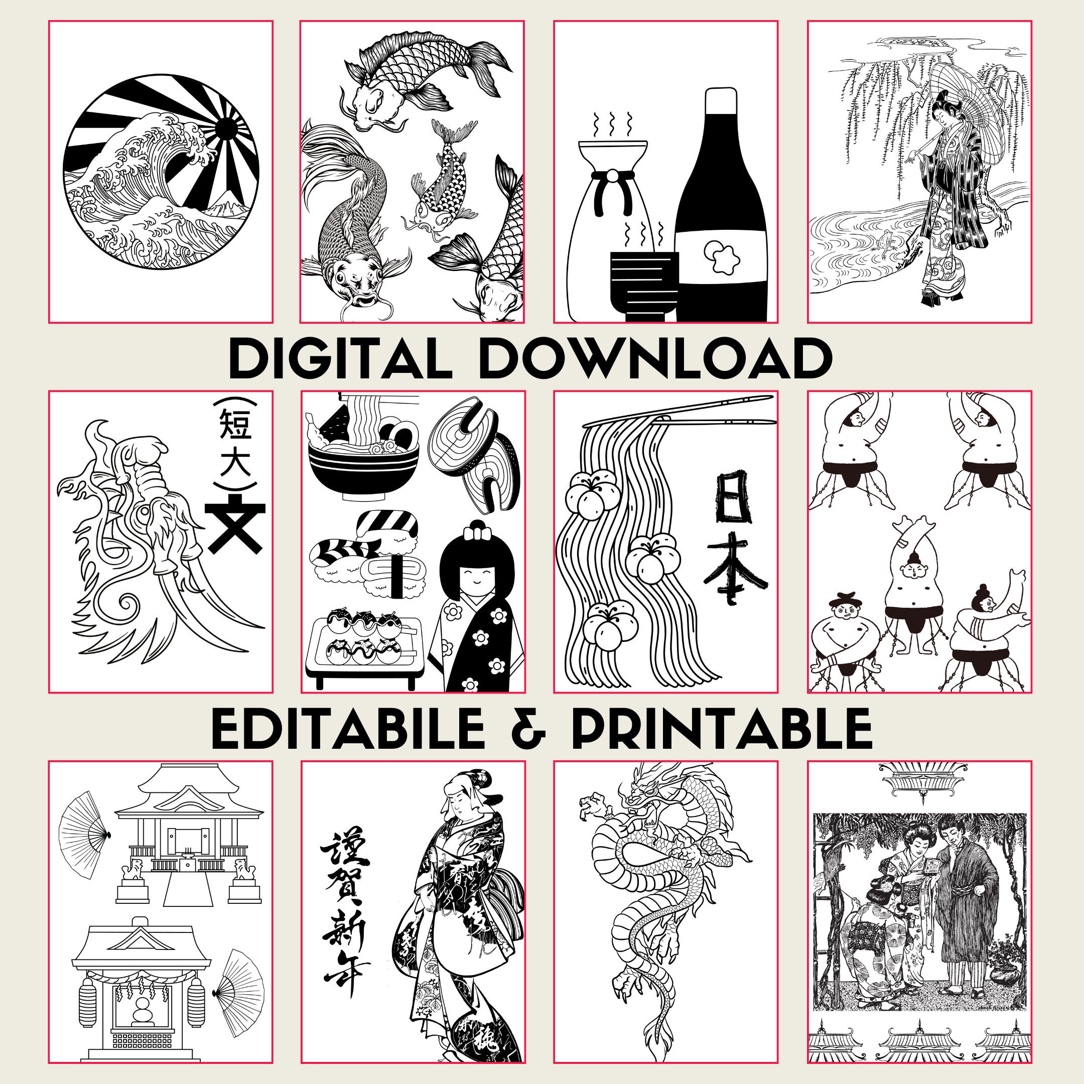 100 Pages Japanese Anxiety Relief Adult Coloring Book, Printable ...