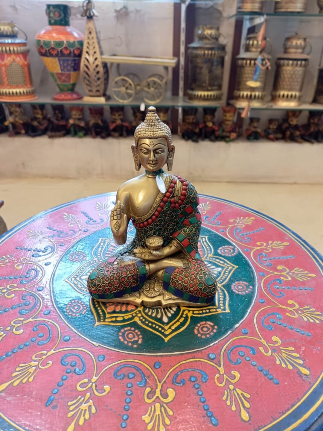 Brass Buddha 18.5 CM Ring and Stone Work Statue, Buddha Figurines ...