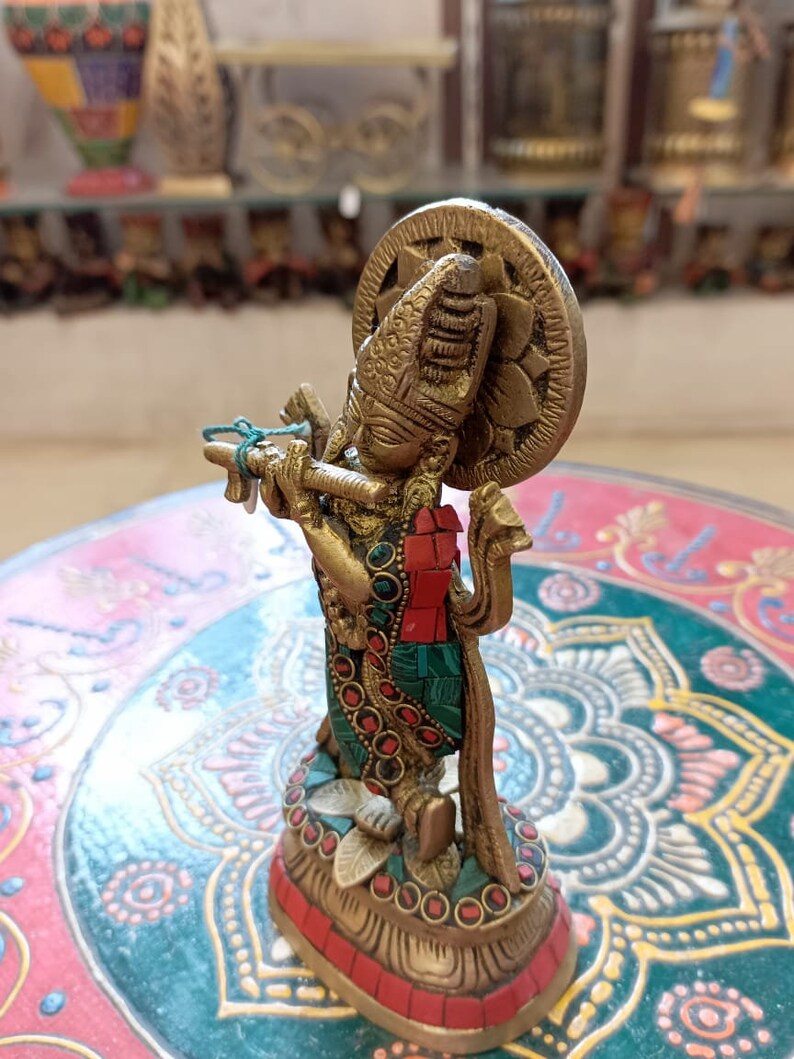 Krishna Statue, 17.5 CM Brass Krishna Statue, Krishna Idol With Stone ...