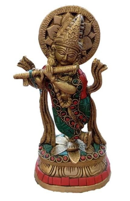 Krishna Statue, 17.5 CM Brass Krishna Statue, Krishna Idol With Stone ...