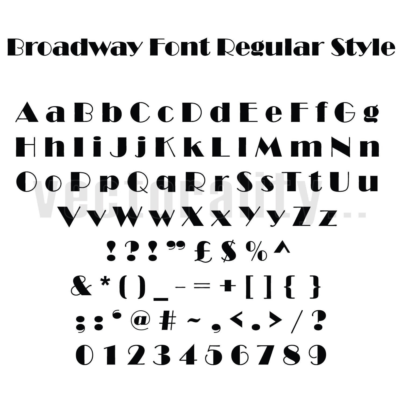 Broadway Font Regular Style Alphabet Numbers Letters Vector - Etsy ...