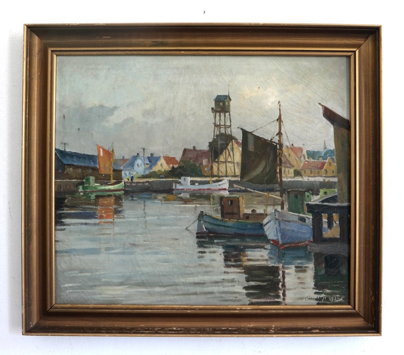 Ejnar Gross, Romantic Fishing Port, Original Impressionist Oil Painting ...