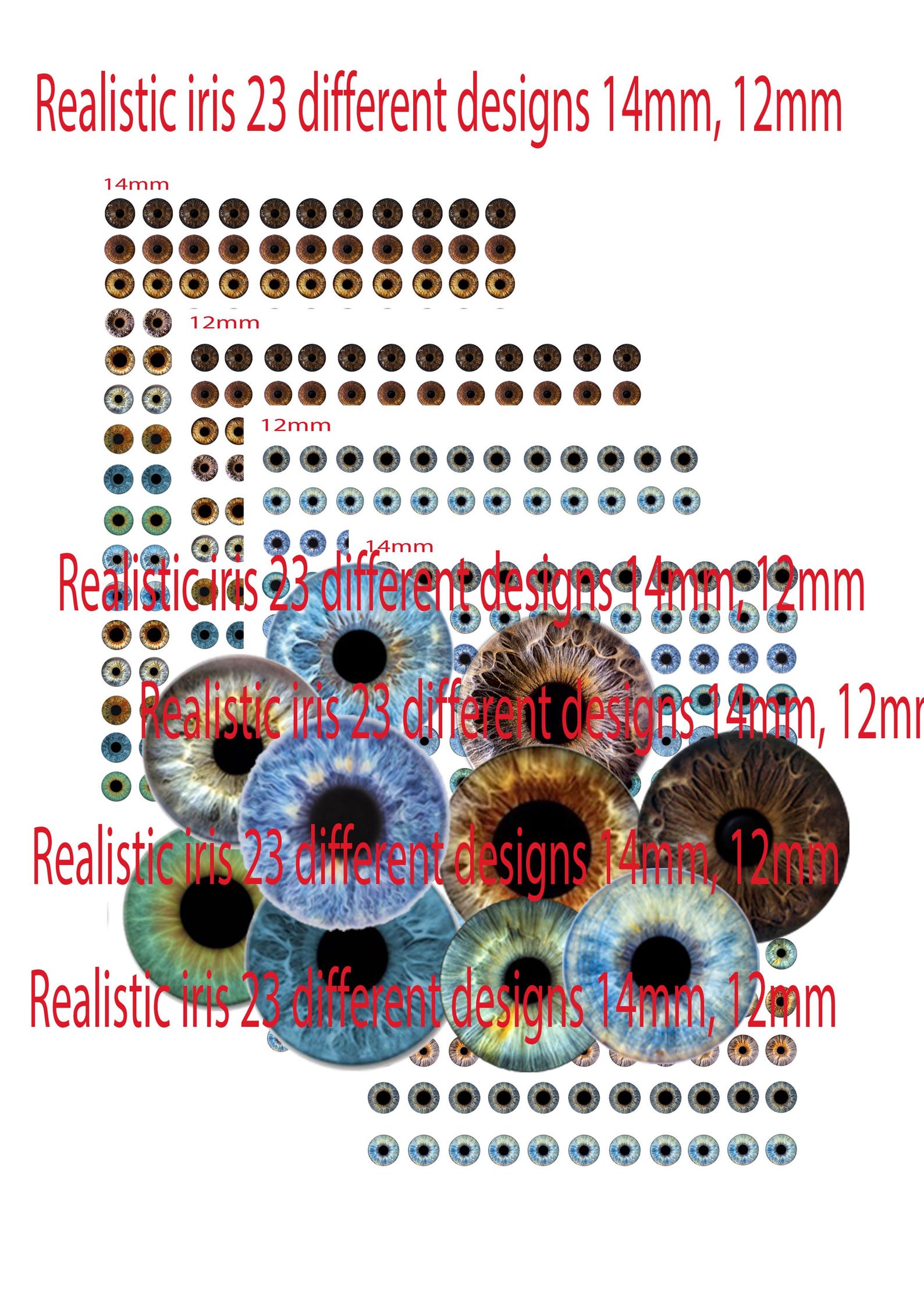 Realistic Iris for Dolls and Toys. Round Pupil. Sizes 14mm, 12mm ...