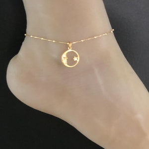 Moon and Star Anklet, Gold Plated Over Sterling Silver Beaded Ankle Bracelet, Celtic Anklet ...