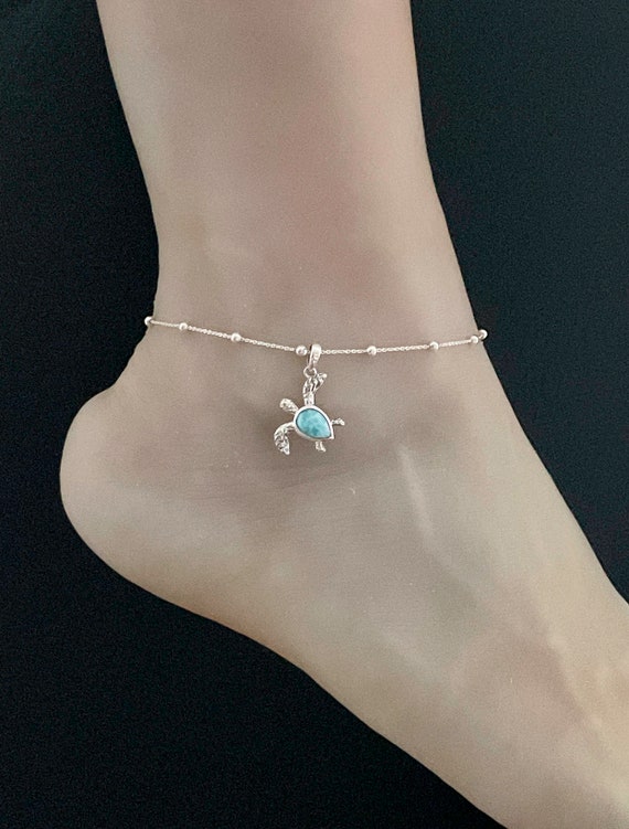 Natural Larimar Turtle Anklet Sterling Silver Beaded Ankle Bracelet Larimar Turtle Charm Beach Wedding Jewelry Nautical Turtle Jewelry