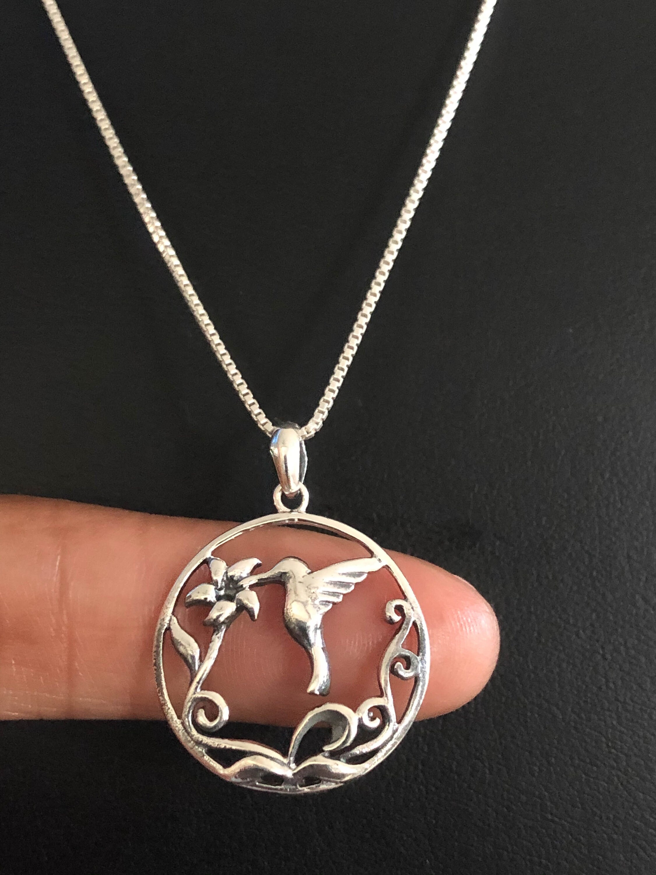 Hummingbird Flower Necklace, Sterling Silver Hummingbird Flower Pendant ...
