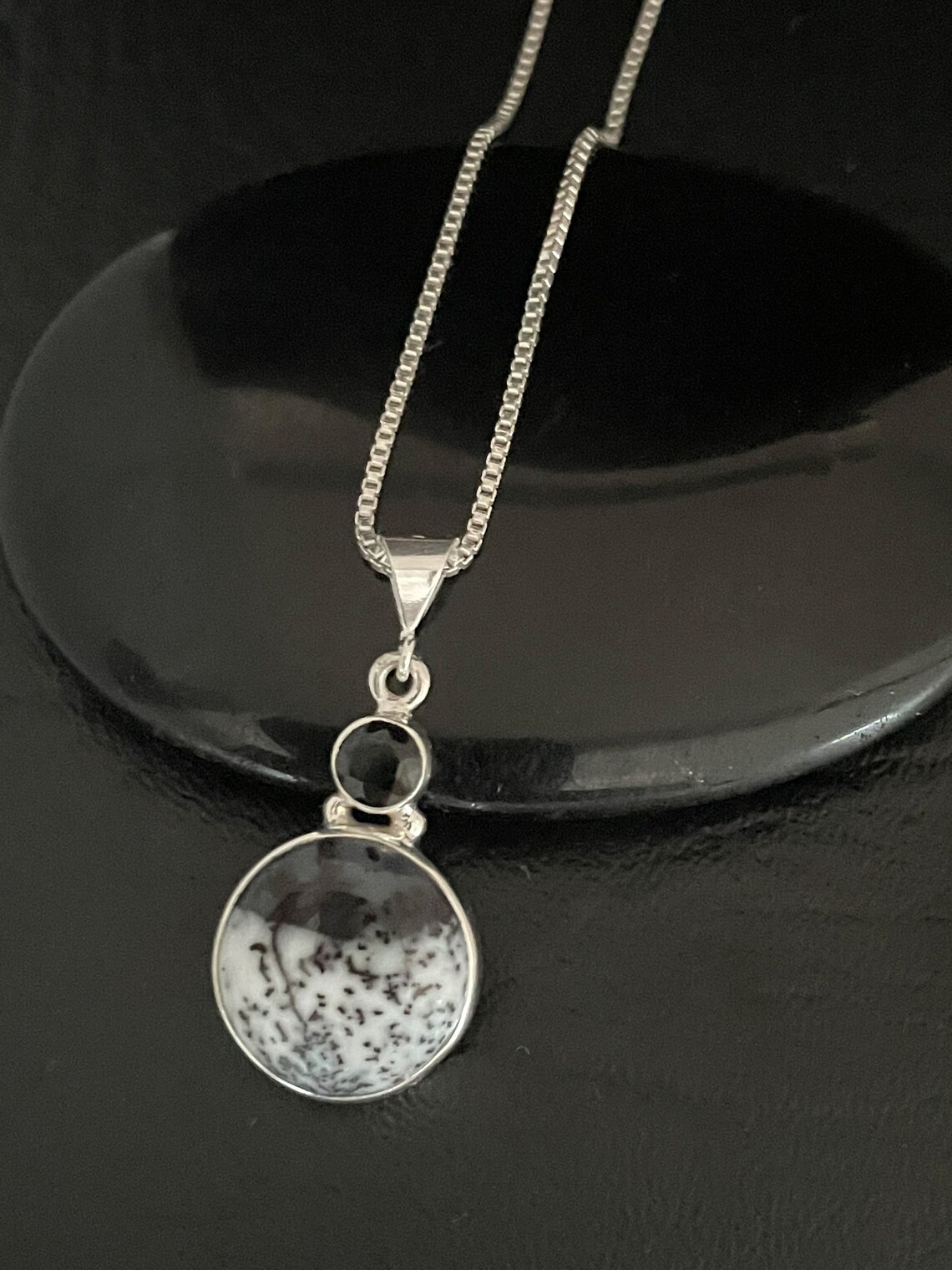 Natural Merlinite Necklace, Sterling Silver Dendritic Opal Pendant ...