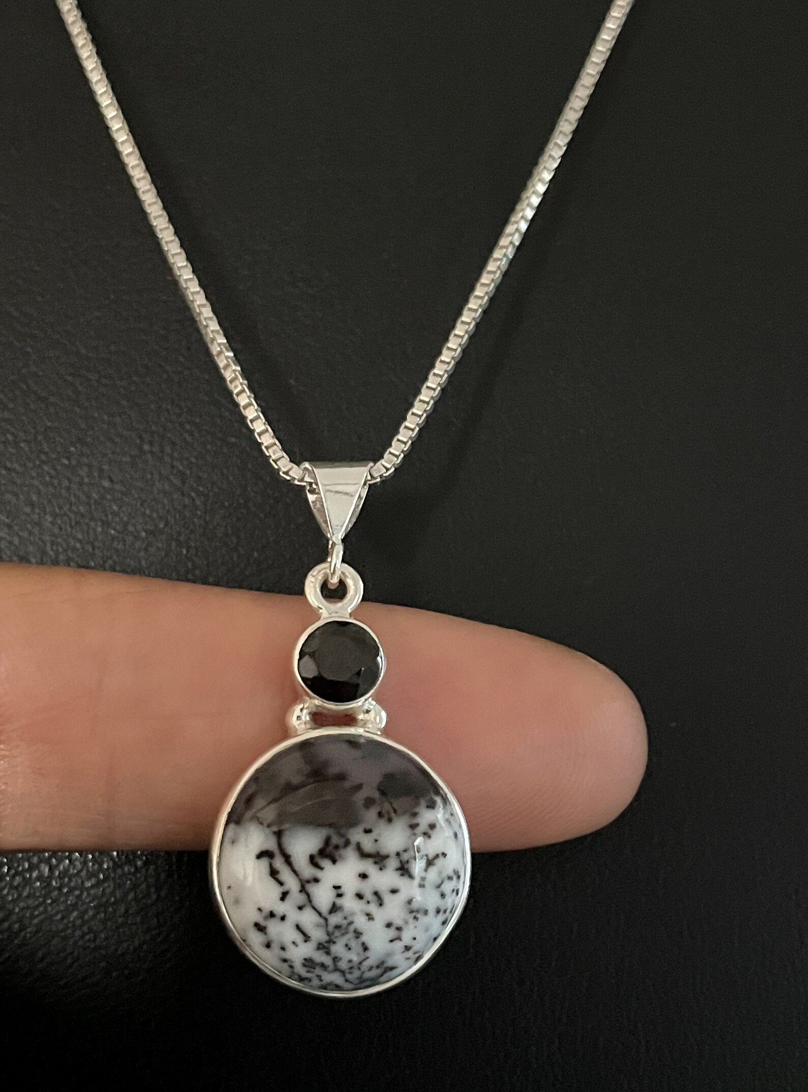 Natural Merlinite Necklace, Sterling Silver Dendritic Opal Pendant ...