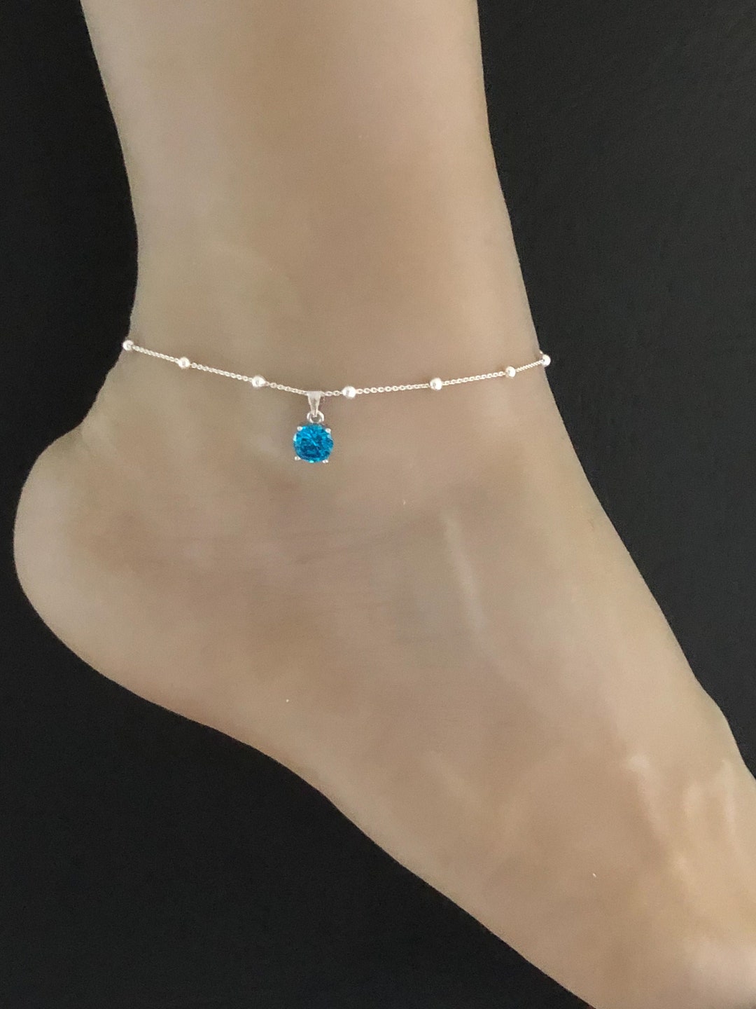 Blue Topaz Anklet, Sterling Silver Beaded Ankle Bracelet, December ...